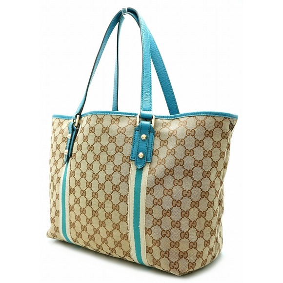 Gucci | Bags | Gucci Tan Tote Canvas Leather Gg Bag Shoulder Tote Blue ...